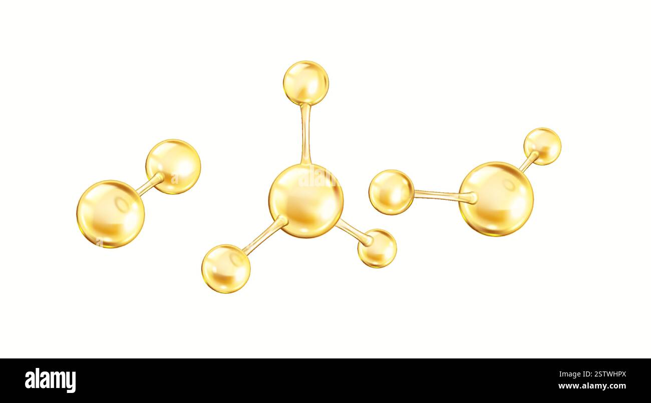 Golden collagen molecules realistic color icons set. Building blocks of ...