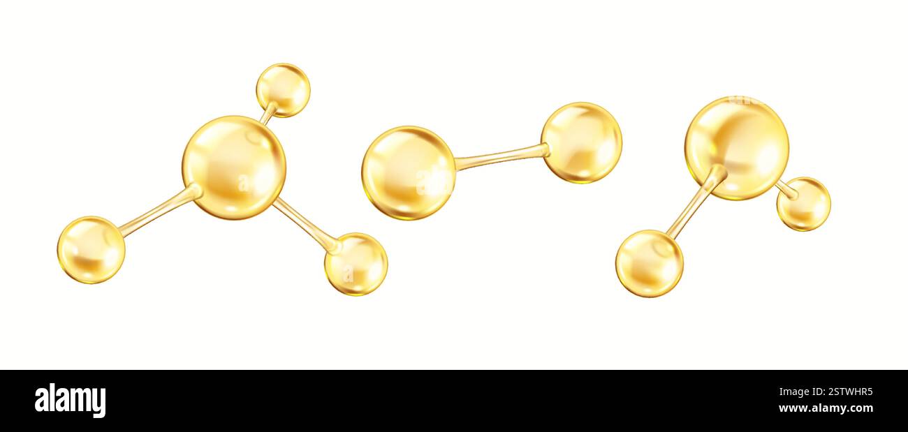 Rotating golden collagen molecules realistic color icons set. Spheres ...