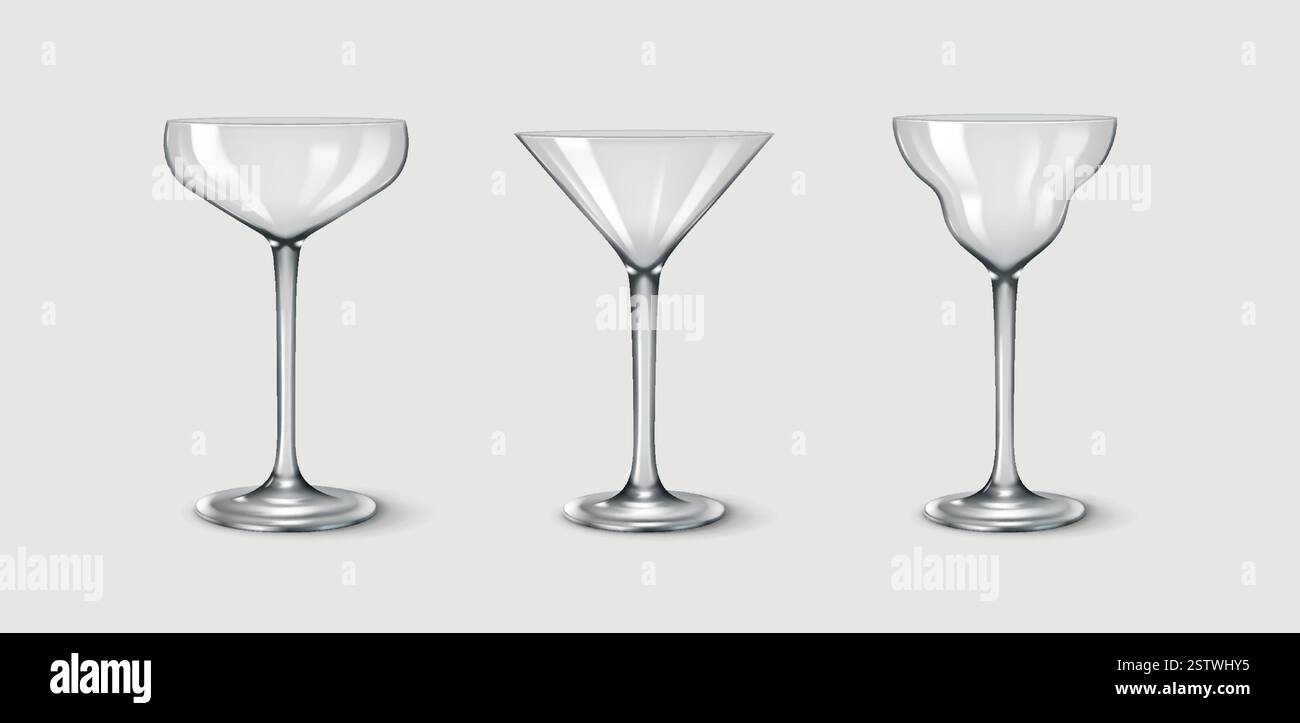 Realistic 3D illustration of a collection of cocktail glasses featuring ...