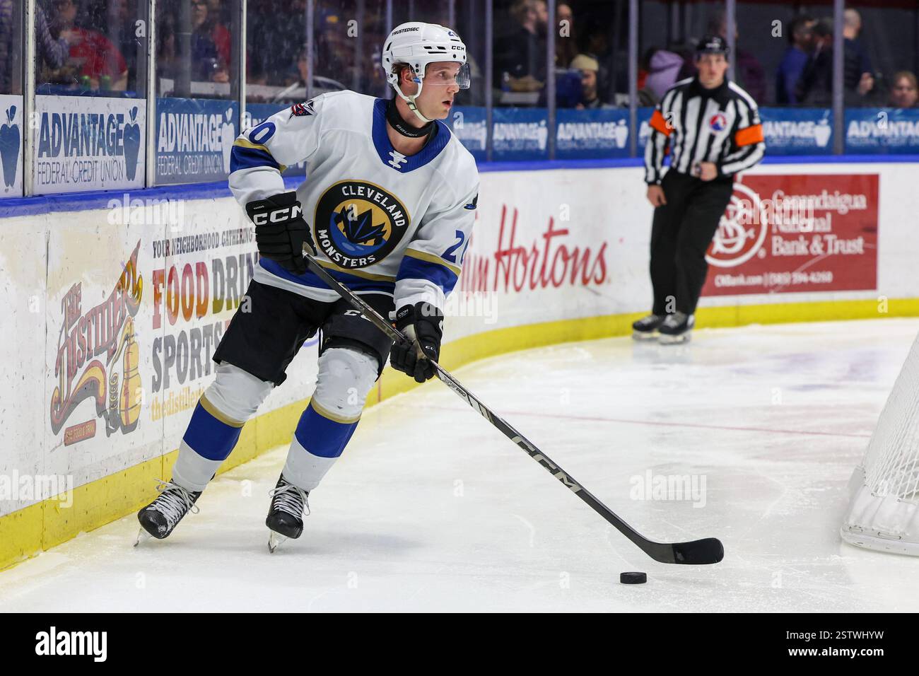 Rochester, New York, USA. 19th Feb, 2025. Cleveland Monsters defenseman Samuel Knazko (20 ...