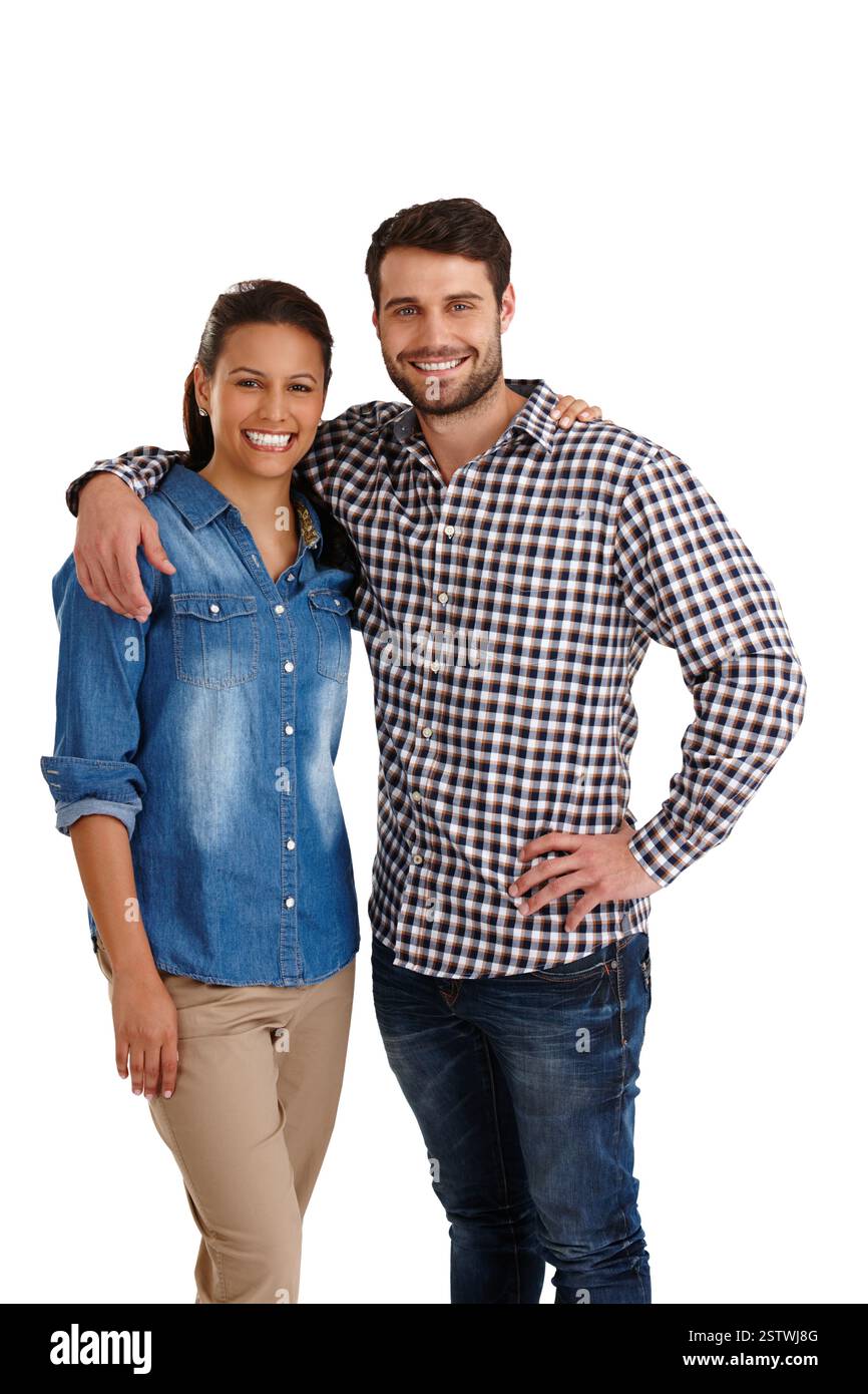 Hug, romance and portrait of happy couple in studio together for ...