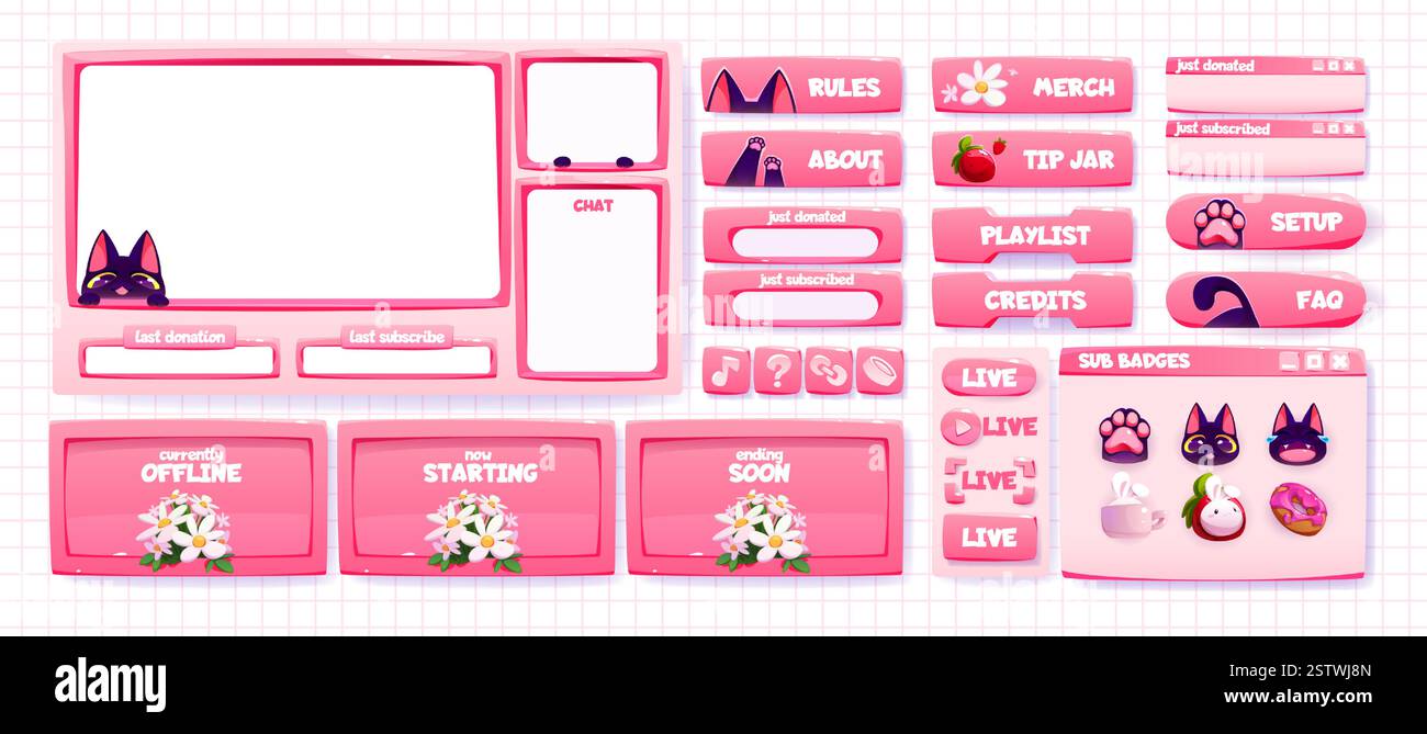 Girly game stream frames set isolated on background. Vector cartoon illustration of pink app ...