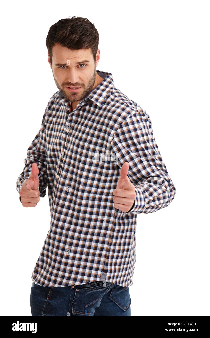 Man, portrait and finger guns in studio, cool and confident with ...