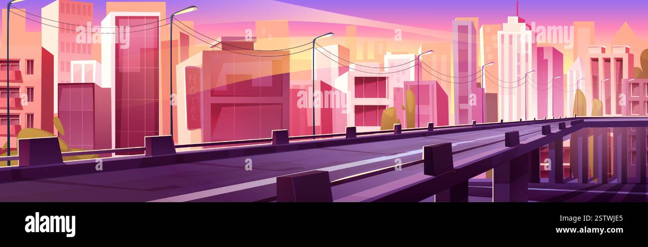 Evening cityscape with modern buildings and flyover road. Vector ...