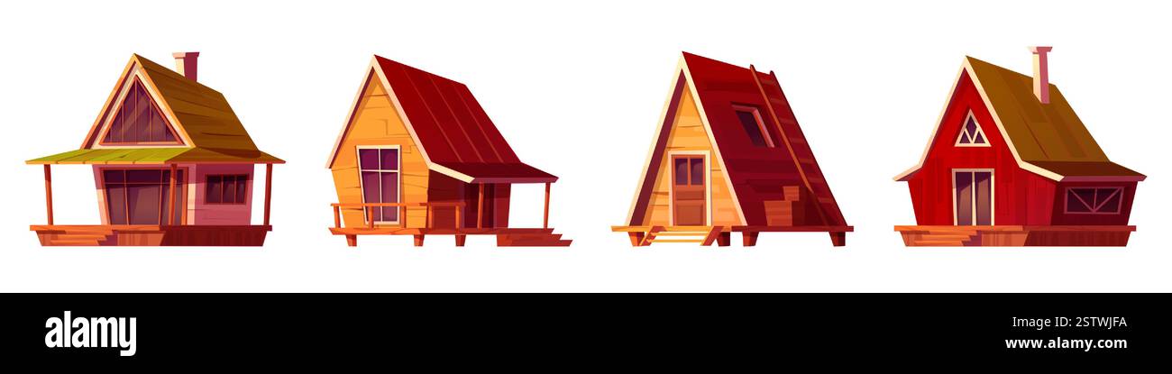 Log cabin set with wooden structures. Countryside cottages with steep ...