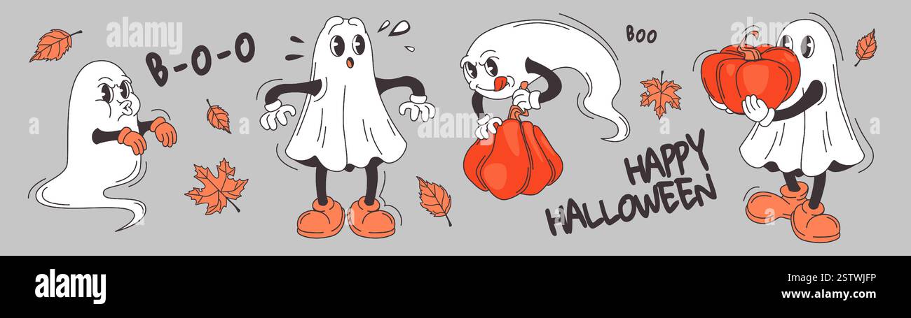 Groovy ghost characters in playful Halloween set. Cartoon specters with ...