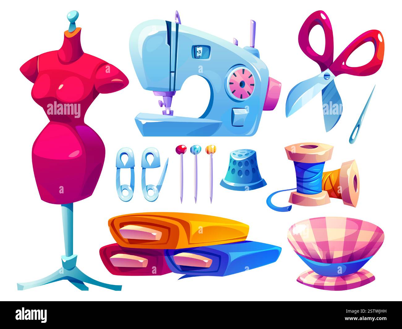 Tailor equipment set isolated on white background. Vector cartoon illustration of sewing machine ...