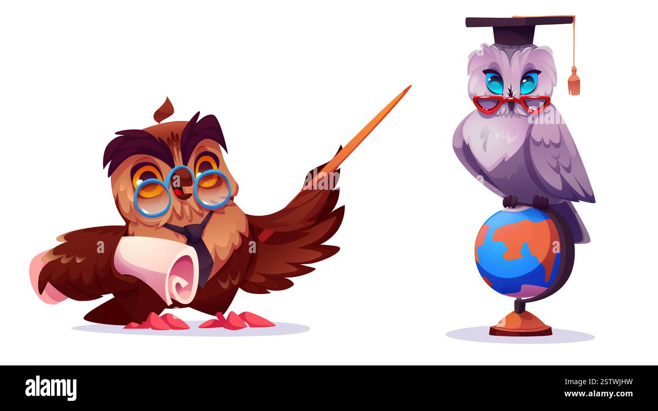 Cute cartoon owl teacher characters with educational items - brown ...