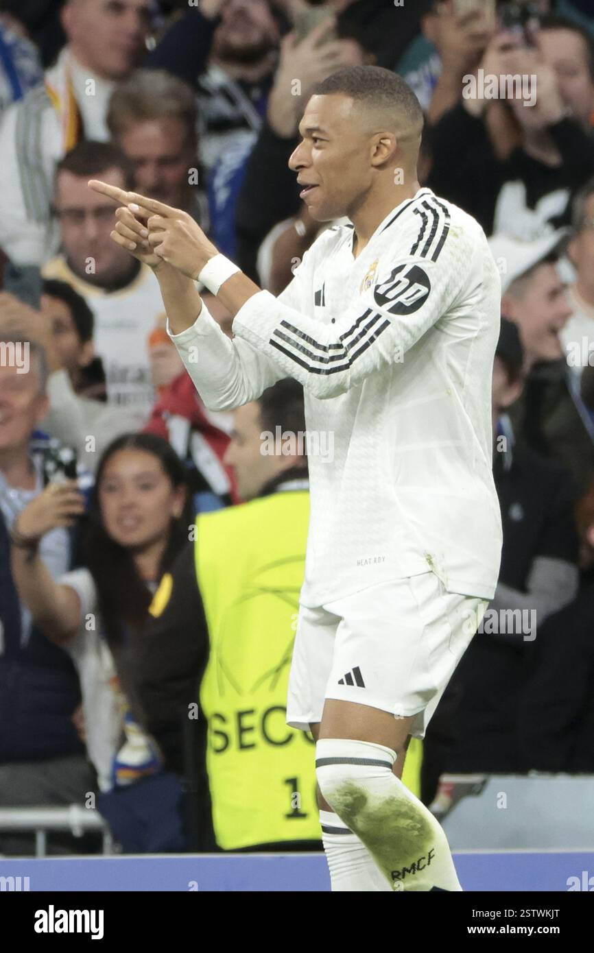 Kylian Mbappe of Real Madrid celebrates his third goal during the UEFA ...