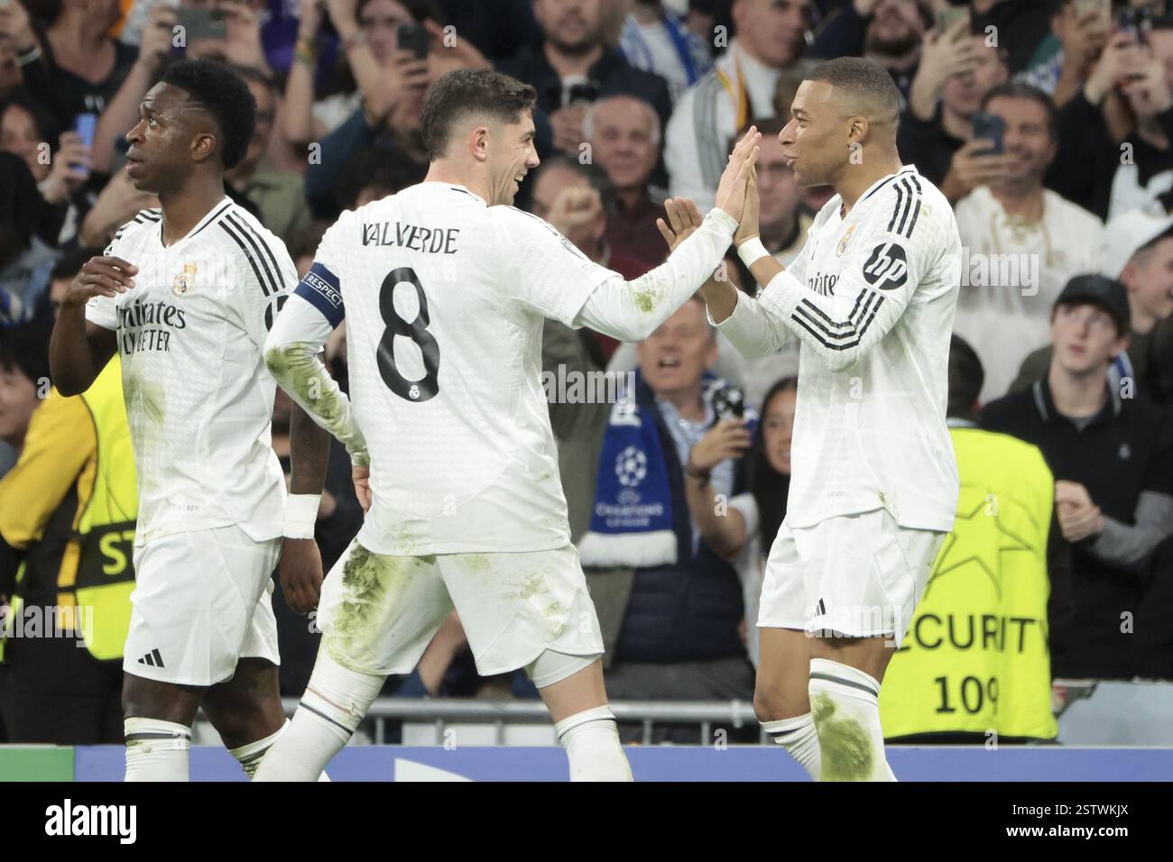 Kylian Mbappe of Real Madrid celebrates his third goal with Federico ...