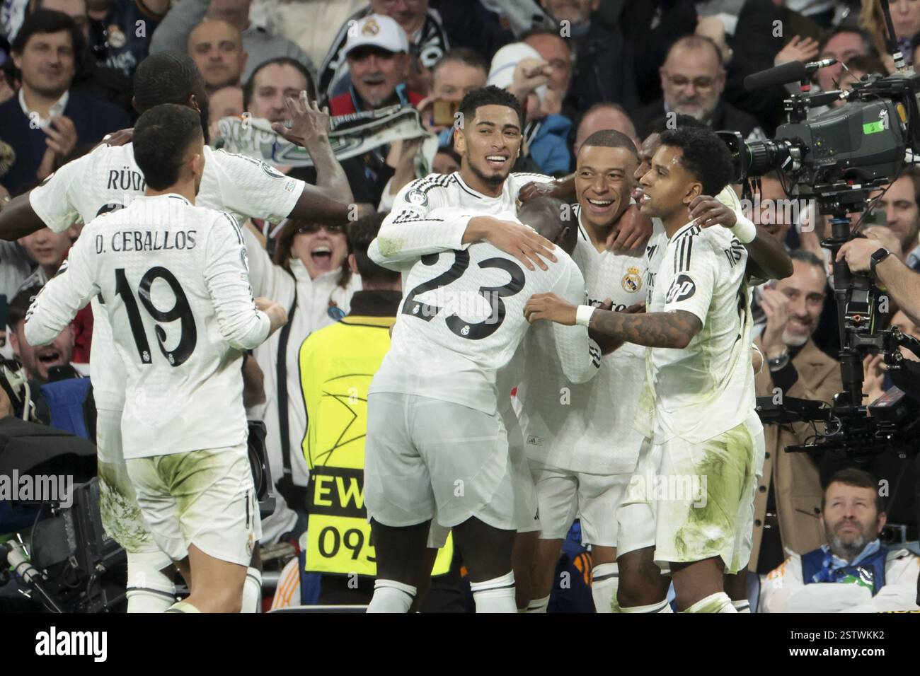 Kylian Mbappe of Real Madrid celebrates his third goal with Jude ...