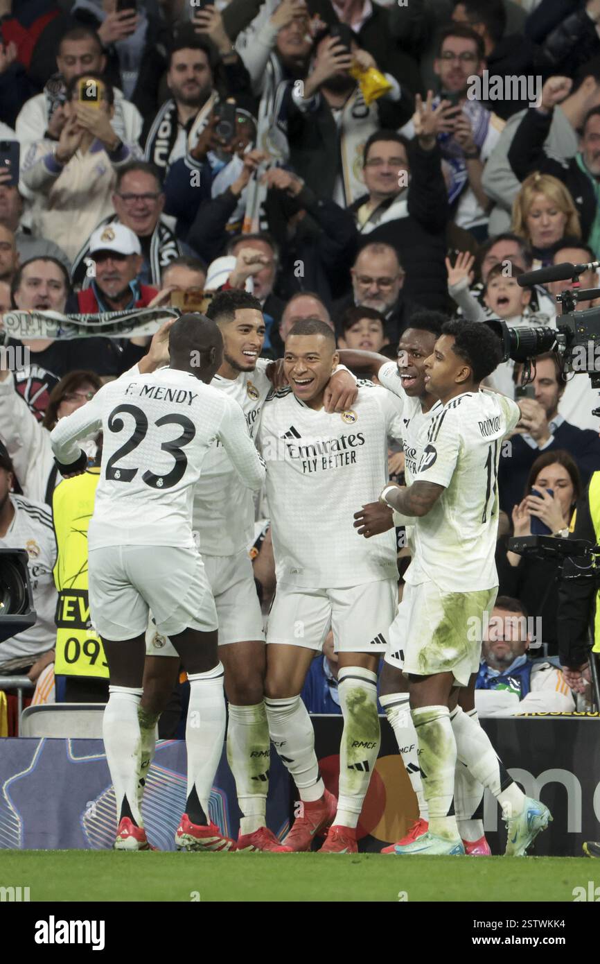 Kylian Mbappe of Real Madrid celebrates his third goal with Jude ...