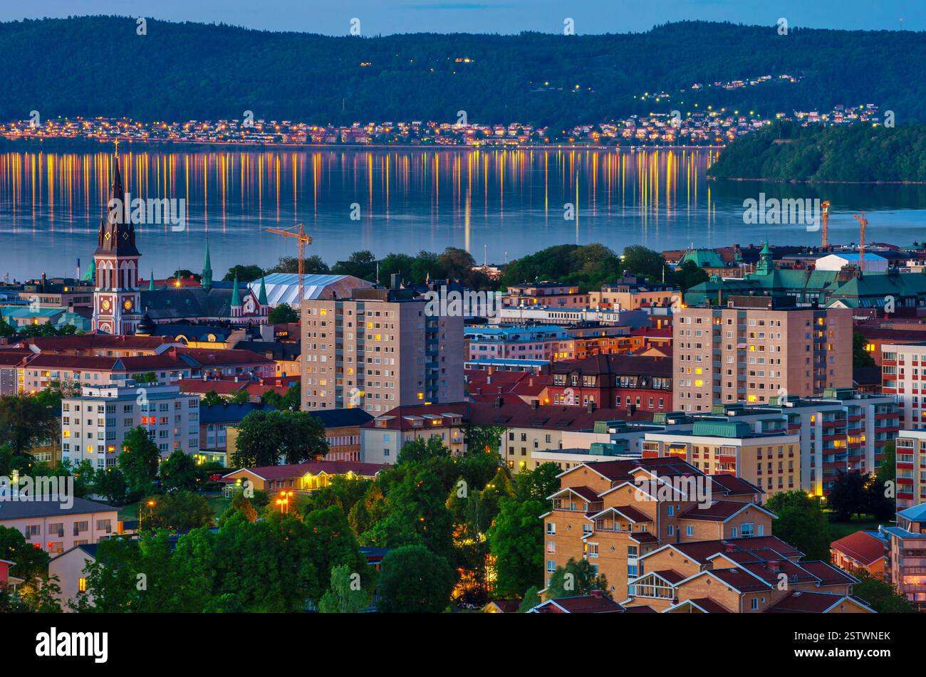 Rooftops of Jonkoping and Vattern Lake in twilight. Smaland, Sweden ...