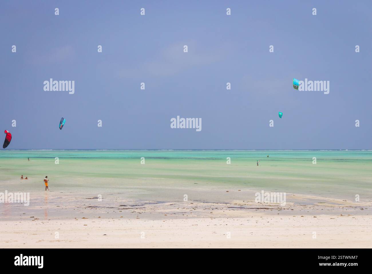 Kite surfing on tropical beach, low tide. Kite surfers on the sea ...