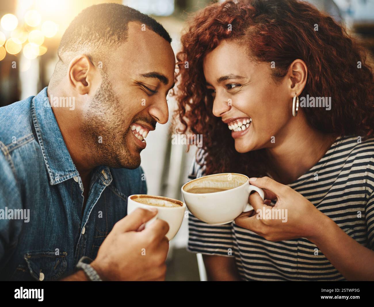 Coffee, cheers and couple on date in cafe for morning catch up together ...