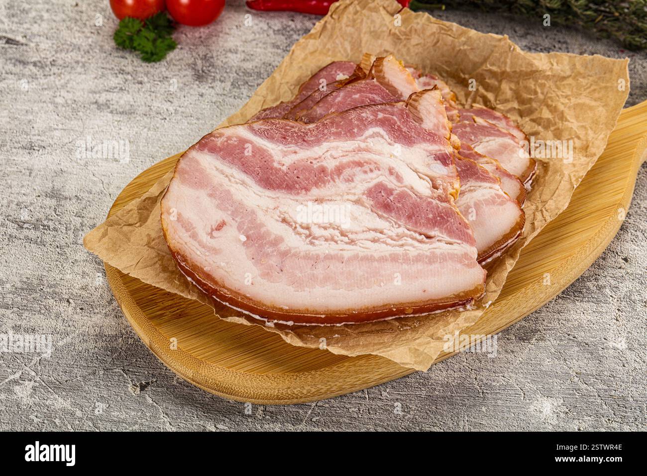 Smoked pork belly slices fat snack Stock Photo - Alamy