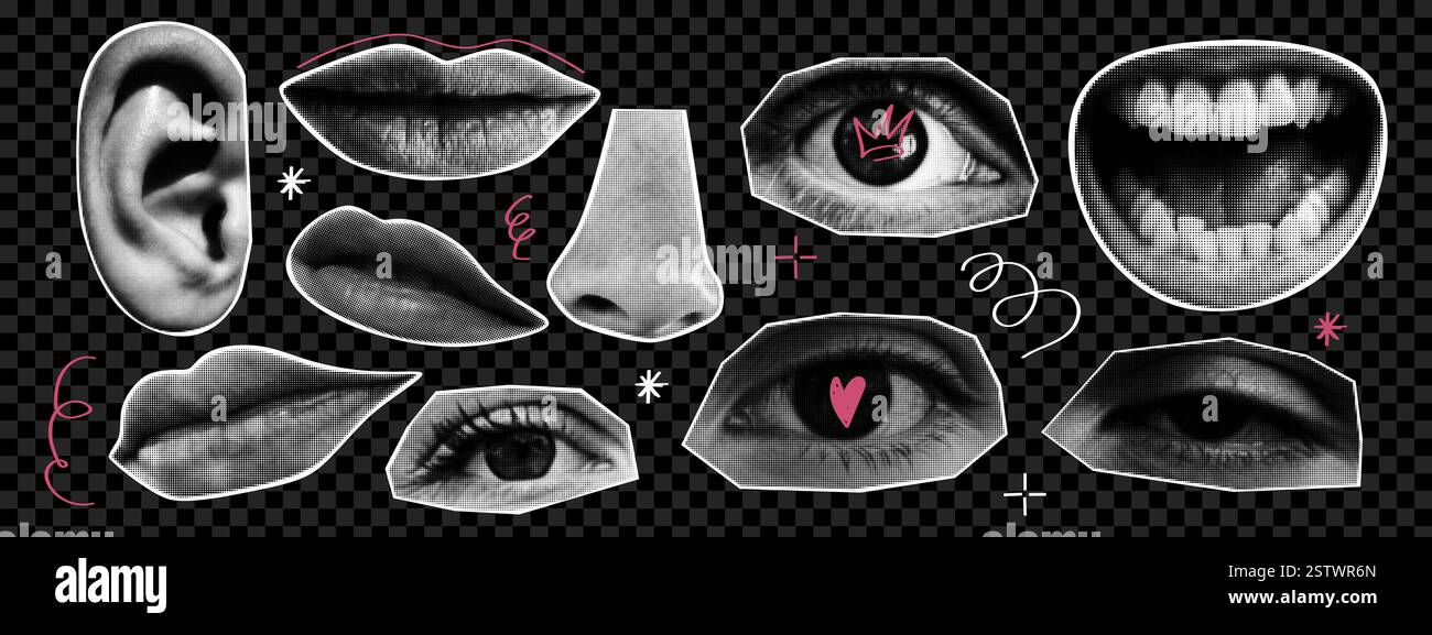 Collage halftone eyes, lips and ear with naive doodle elements. Dotted ...