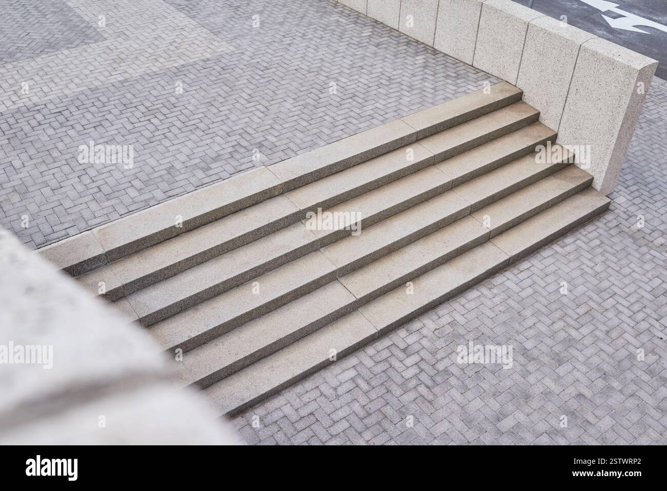 Building, architecture and stairs with pavement in city for commercial ...