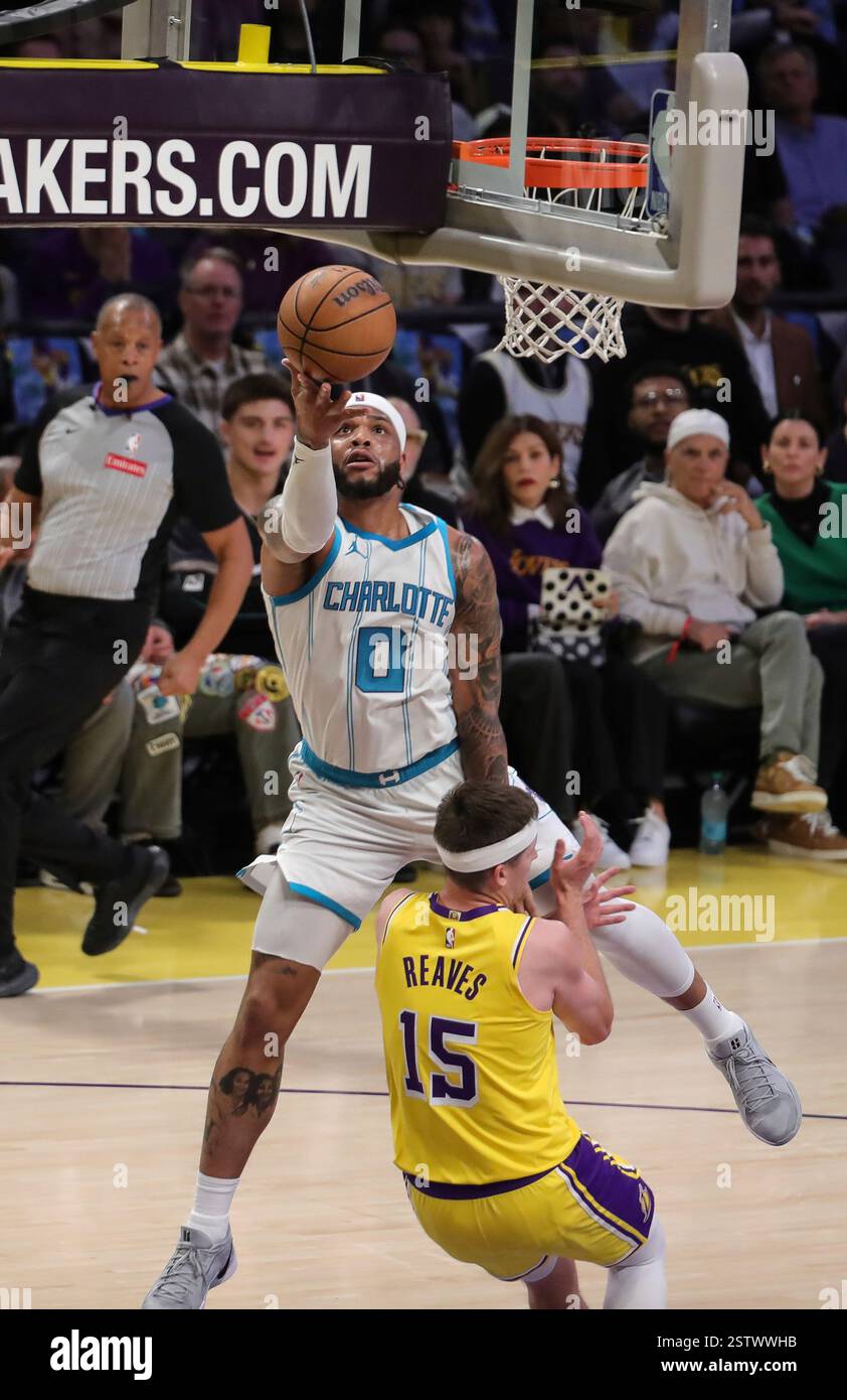 LOS ANGELES, CA - FEBRUARY 19: Charlotte Hornets forward Miles Bridges (0) called for a charge ...