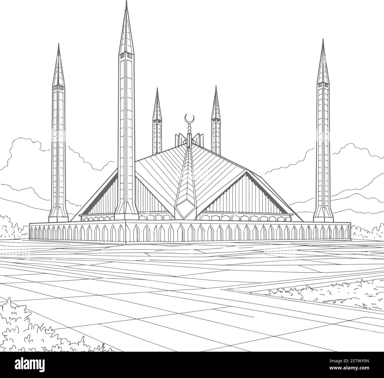 Detailed black and white line art illustration of Faisal Mosque in ...