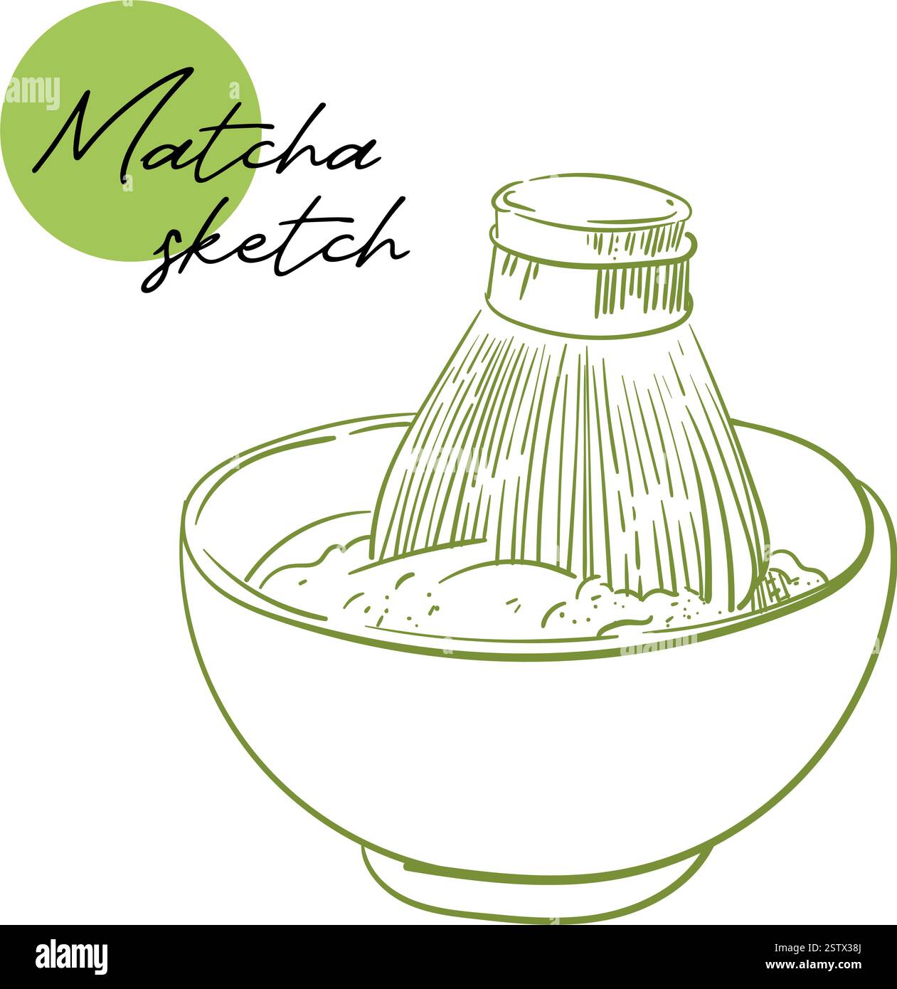Matcha tea vector sketch drawing. Bowl with matcha powder, and bamboo ...