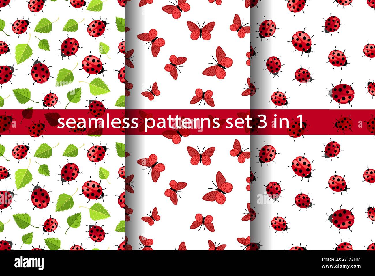 Seamless vector patterns featuring ladybugs and butterflies on a white ...