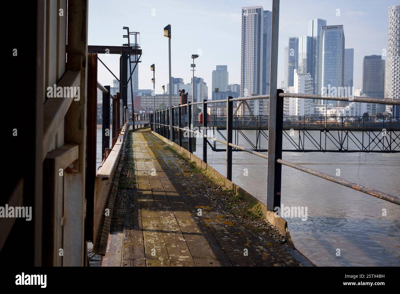 An industrial jetty on the river Thames at the Grenwich Peninsular and ...