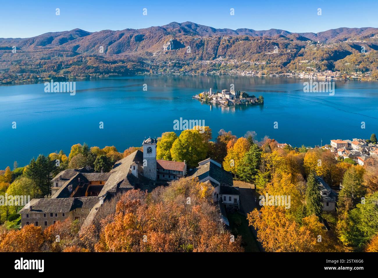 Aerial view of the Sacro Monte of Orta and San Giulio island on Lake ...