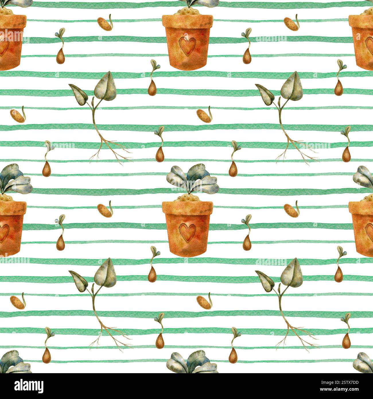 Seamless watercolor pattern with potted plants, seedlings, and seeds on ...