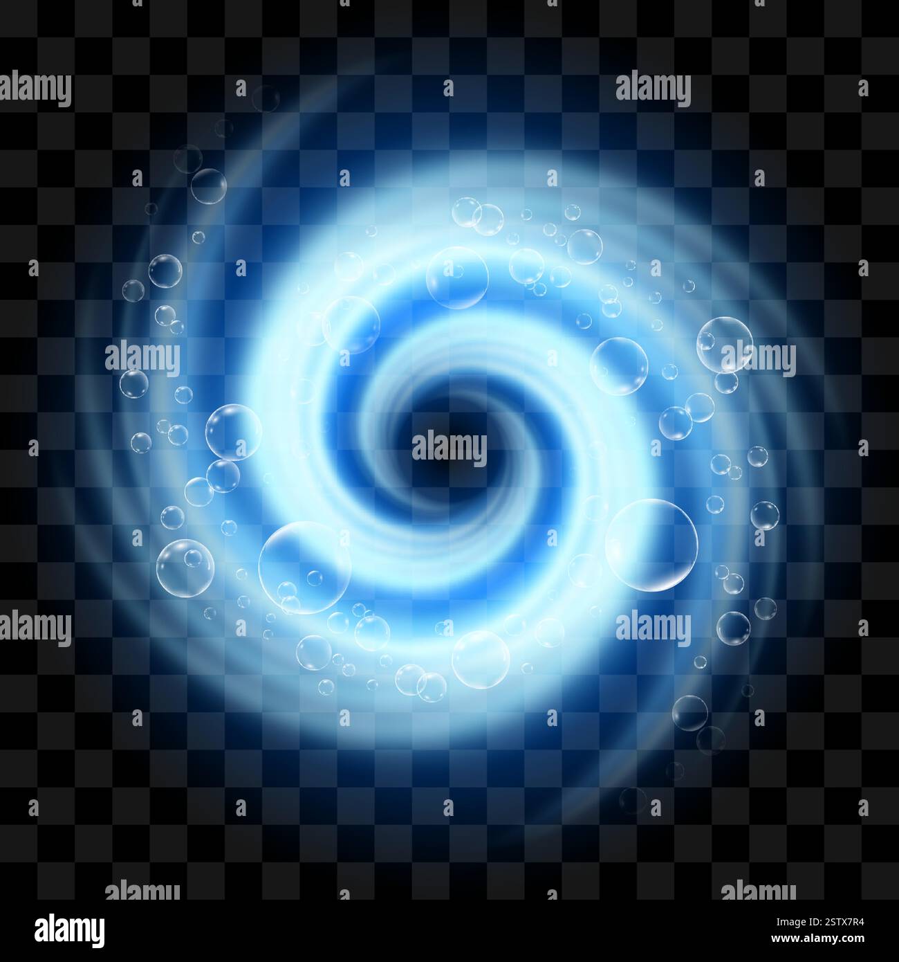 Washing and cleaning effect. Spinning blue vortex with air bubbles ...