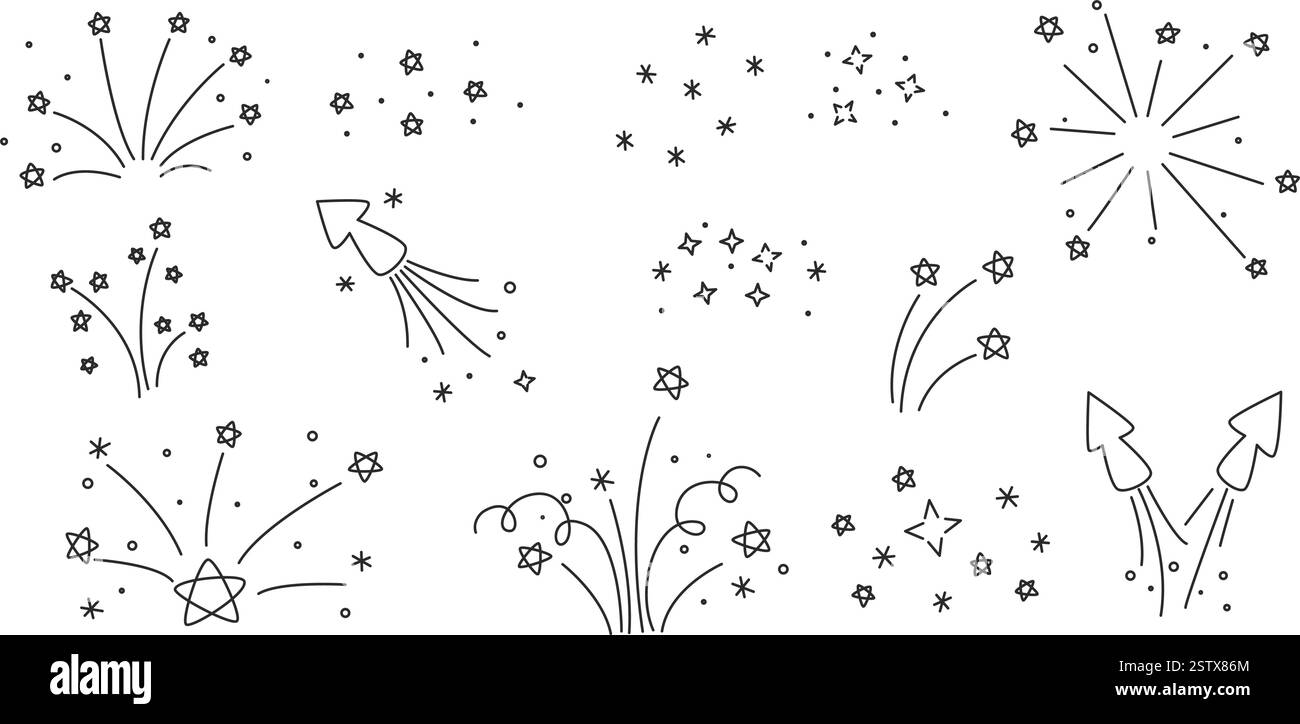 Fireworks, stars, explosion with confetti ink doodle set. Hand drawn ...