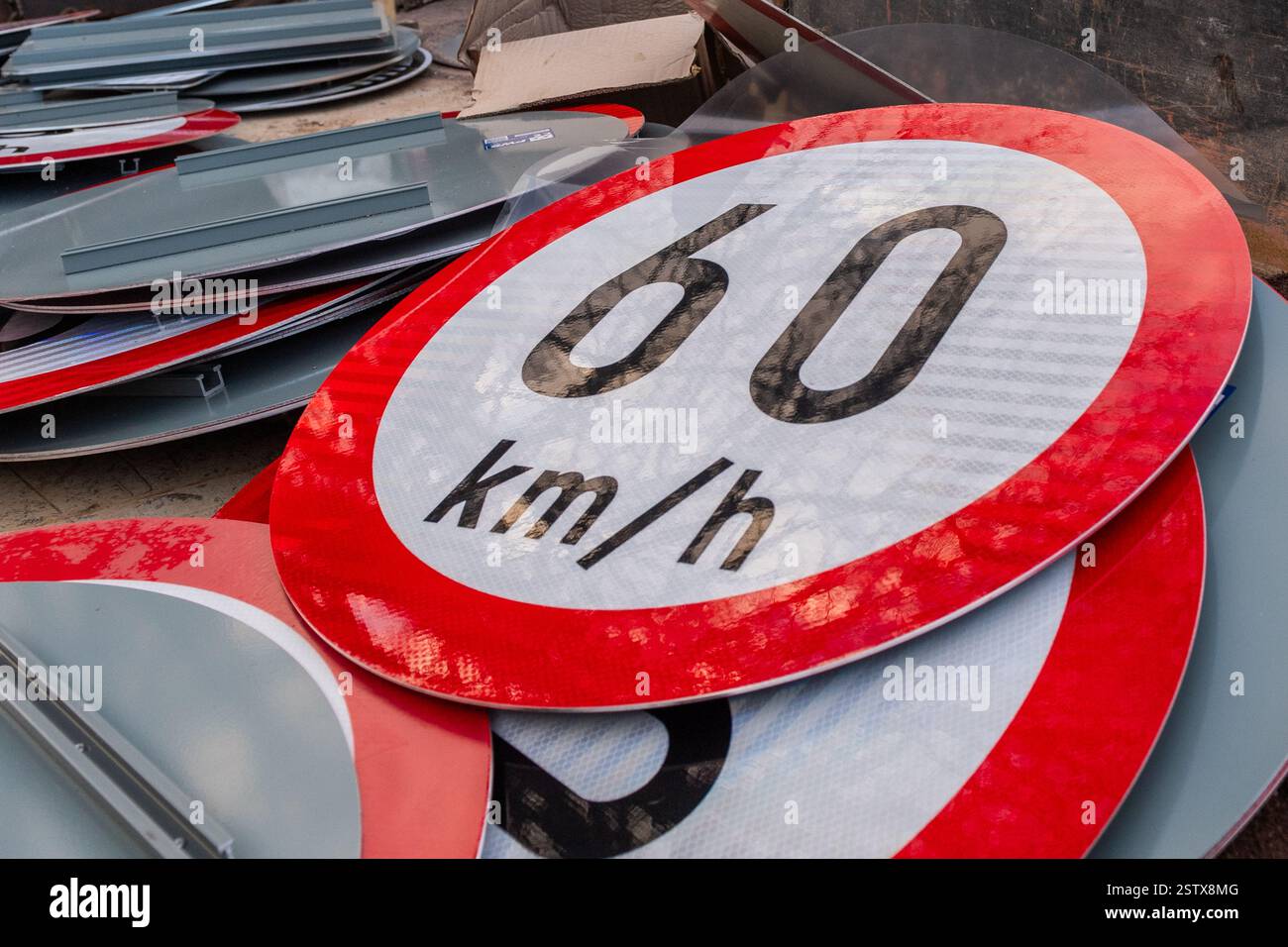 Speed limit signs in the back of a Cork County Council truck waiting to ...