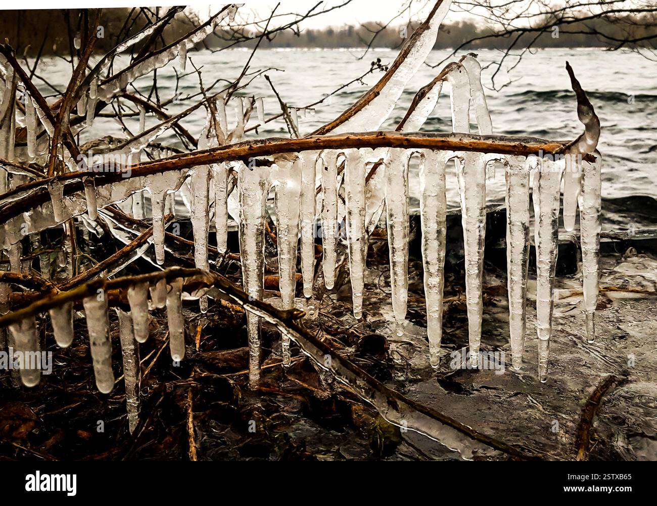 Interesting ice shapes formed by extreme weather on lake Stock Photo ...
