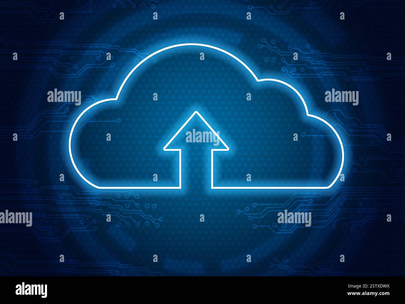 Futuristic digital interface with computing cloud and arrow. Cloud technology and digital ...