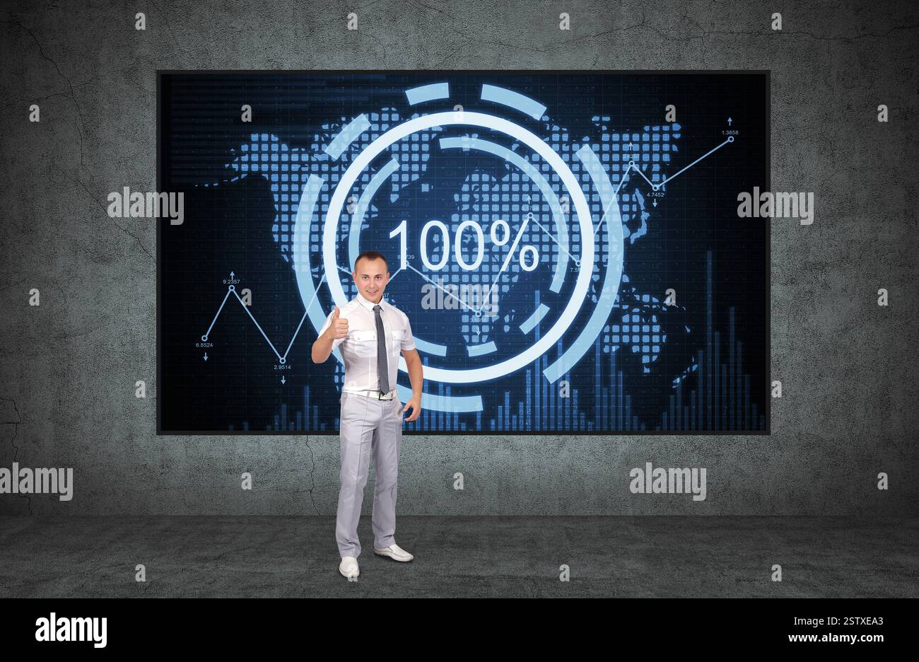 Businessman showing thumbs up and percentage charts and analytics data ...