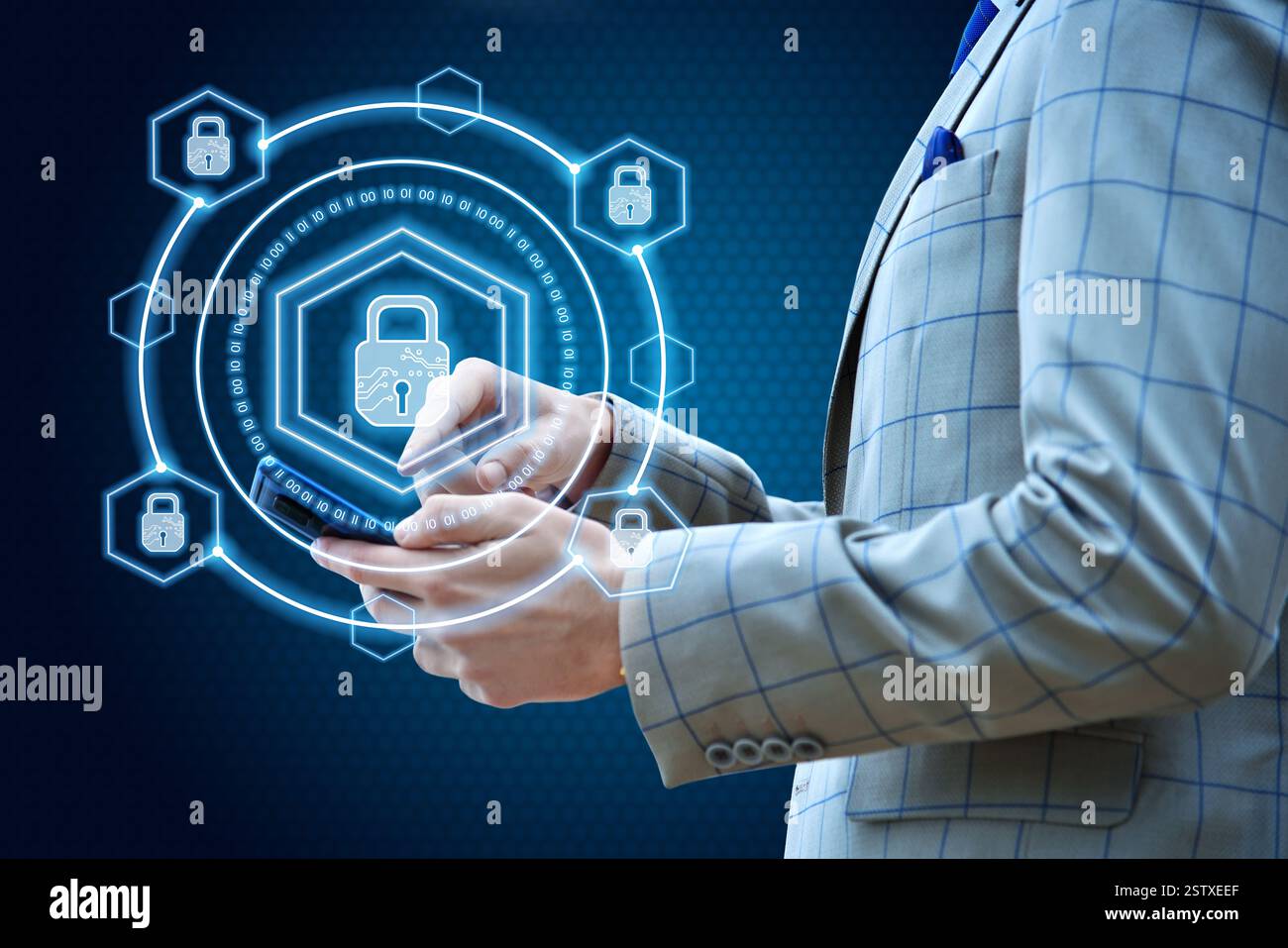 Businessman in suit using smartphone with digital lock interface with circle binary numders and ...