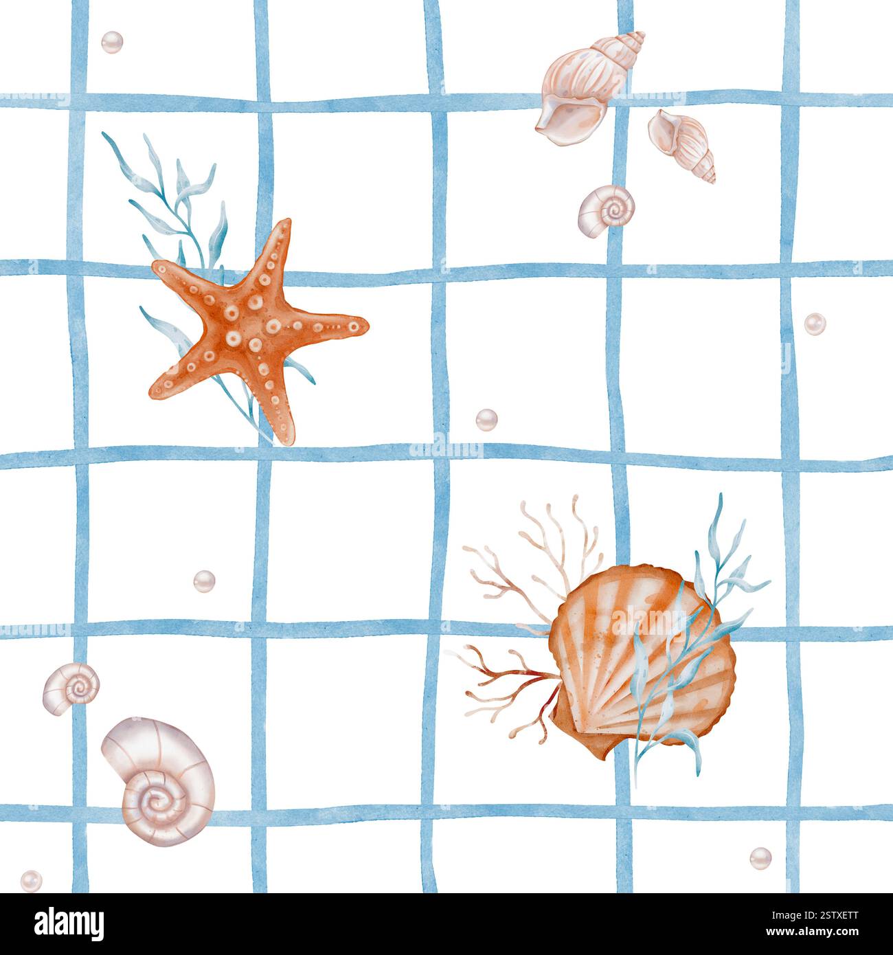 Watercolor seamless Pattern with Undersea Stars and Seaweed, Seashell ...
