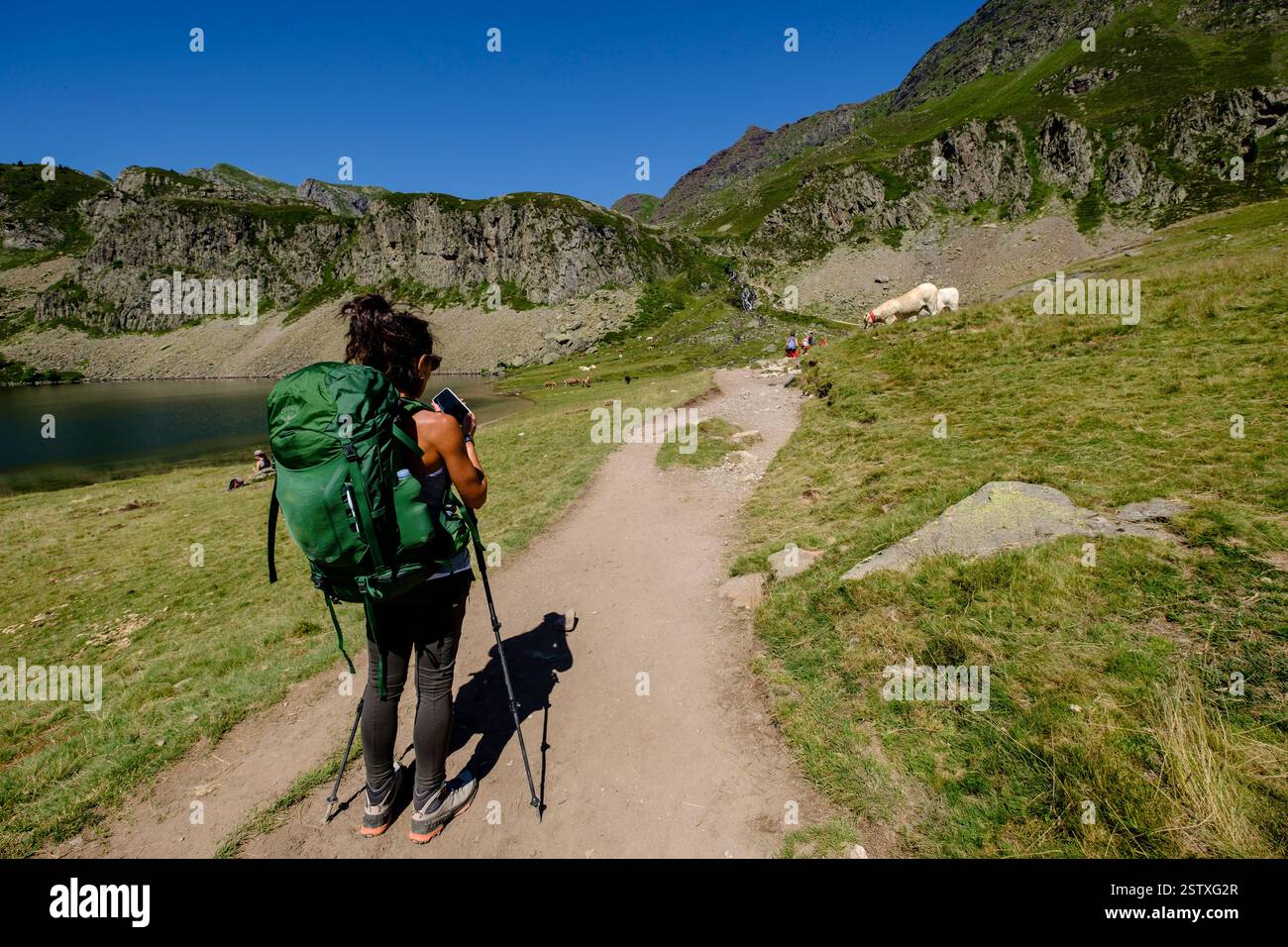 Hikers on Lac du Miey Stock Photo - Alamy
