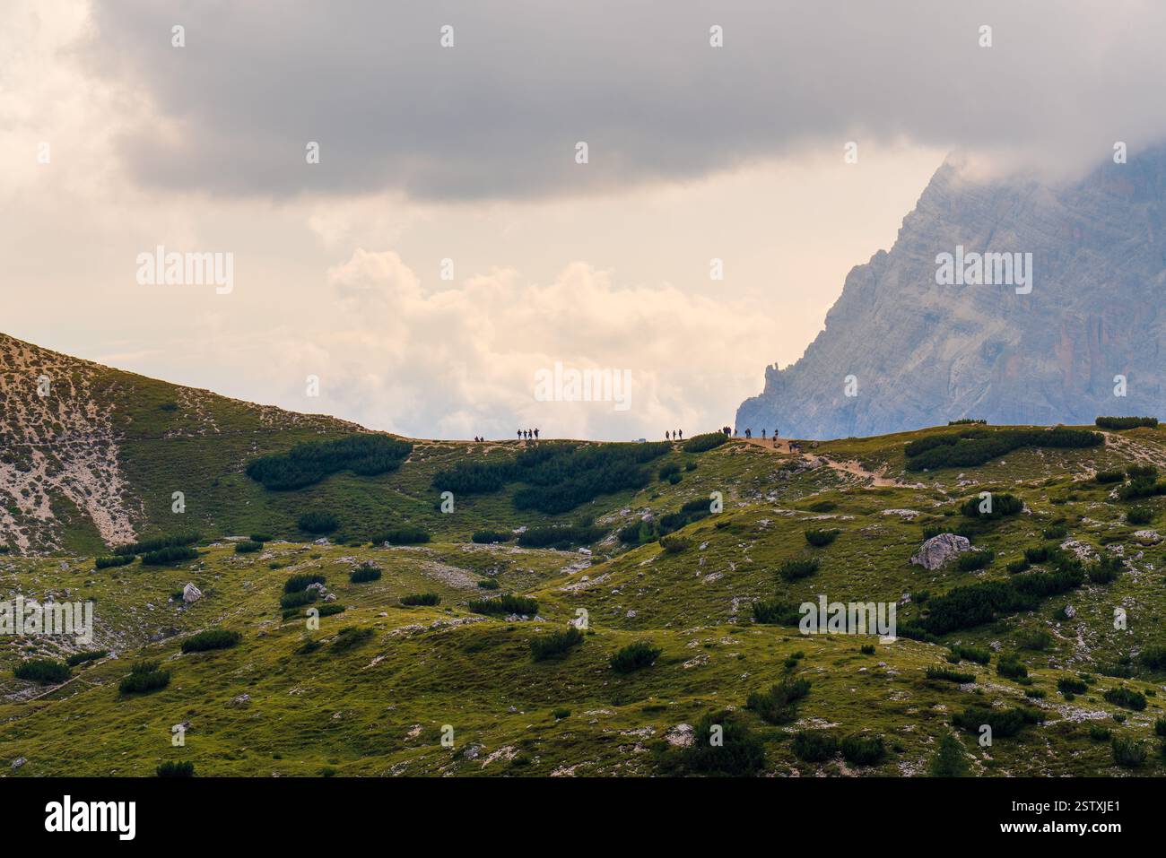 Group hikers making their way along scenic mountain trail in Dolomites ...