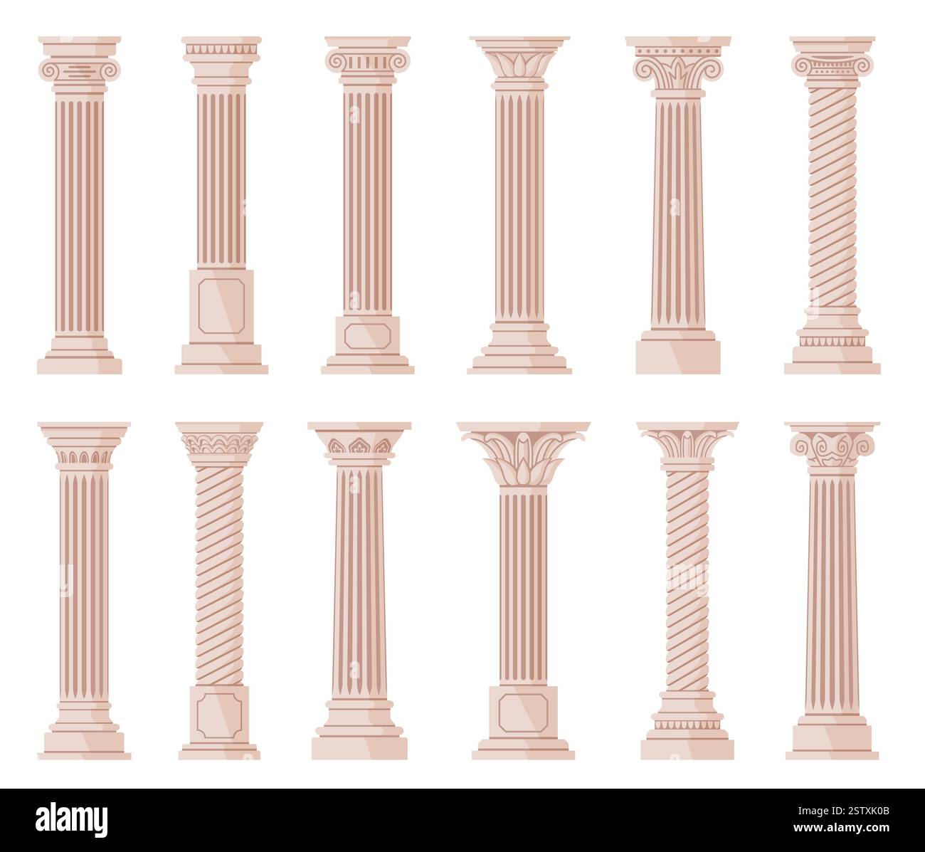 Cartoon ancient columns. Different orders pillars, antique classic supports for buildings ...
