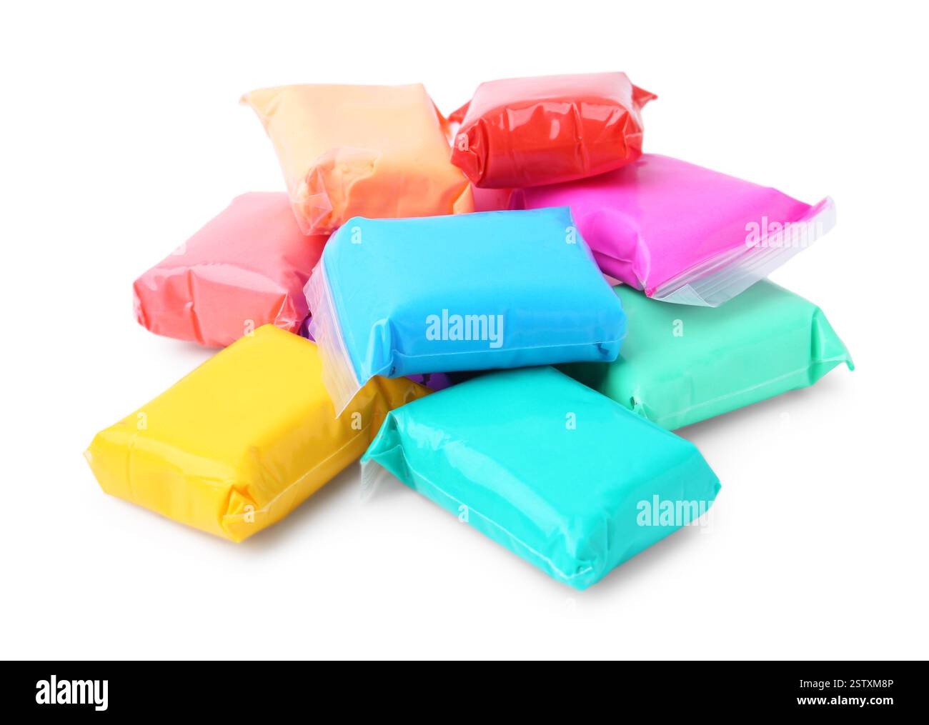 Different colorful play dough in packages isolated on white Stock Photo ...