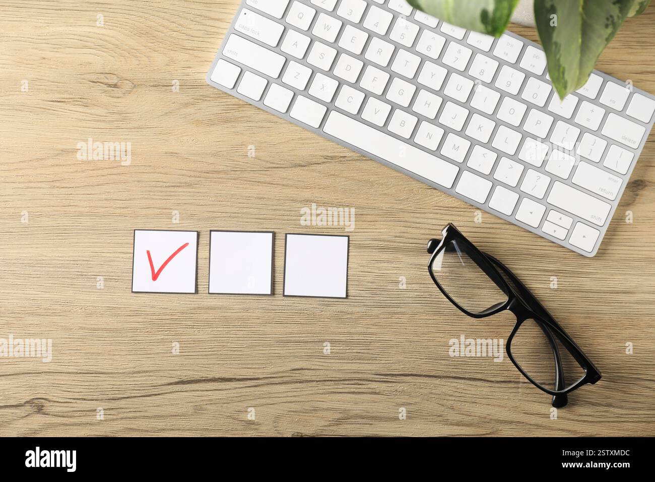 One checkbox with tick mark among others, computer keyboard, glasses ...