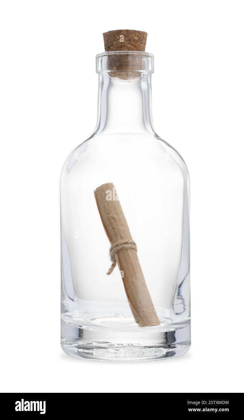 Corked glass bottle with rolled letter isolated on white Stock Photo ...