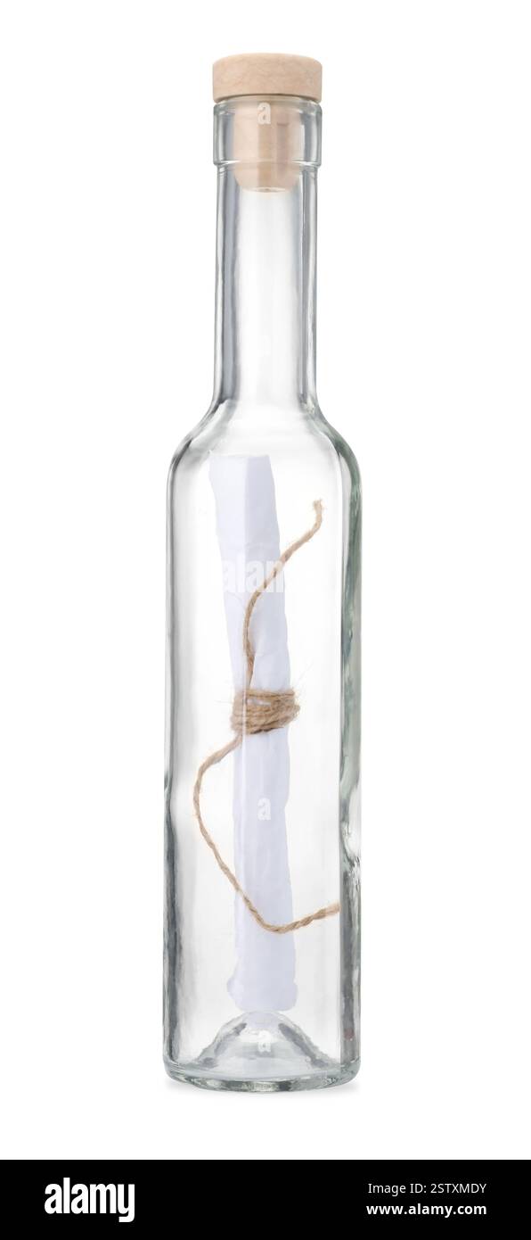 Corked glass bottle with rolled letter isolated on white Stock Photo ...