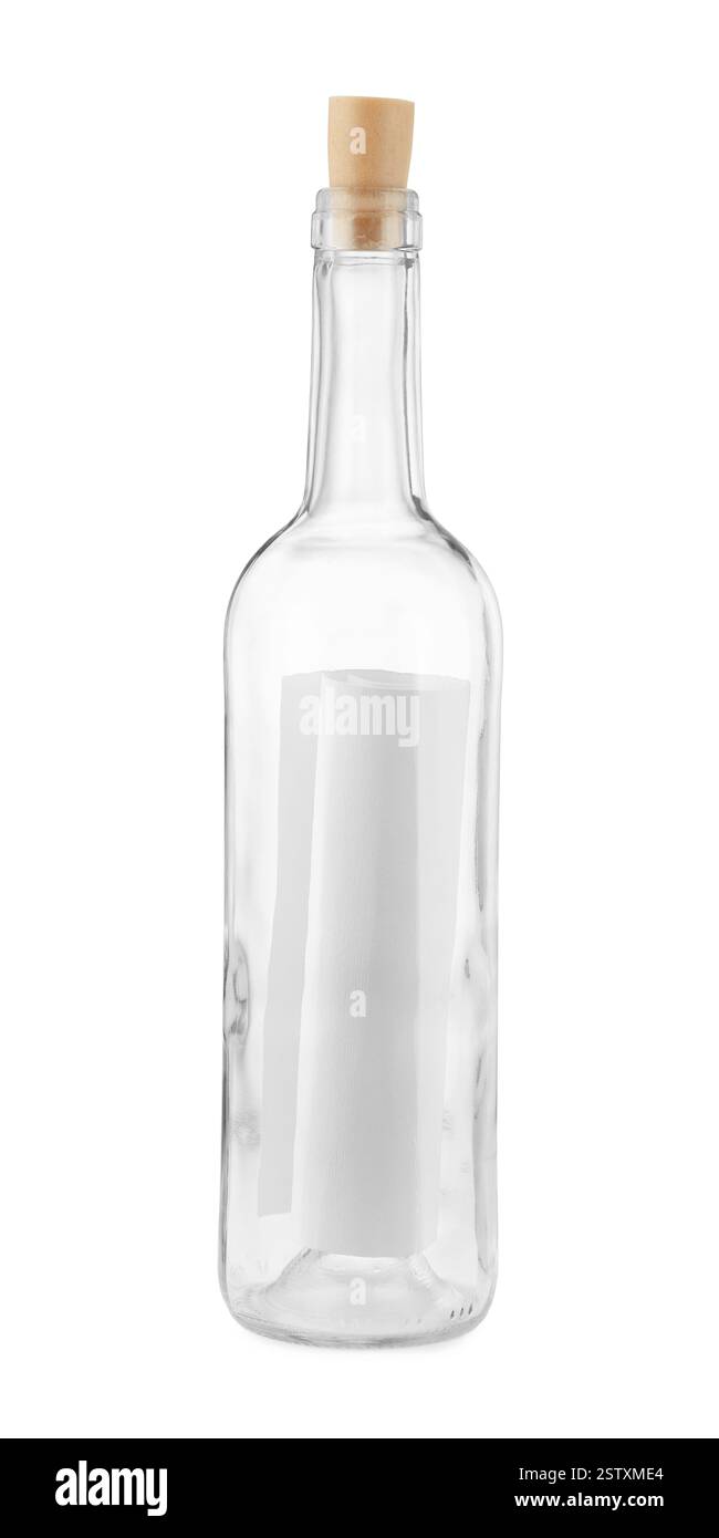Corked glass bottle with rolled letter isolated on white Stock Photo ...