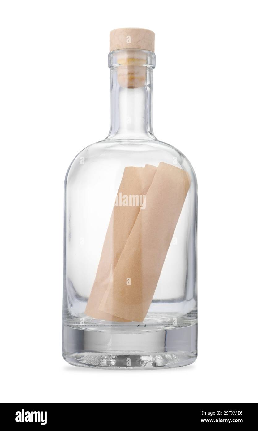 Corked glass bottle with rolled letter isolated on white Stock Photo ...