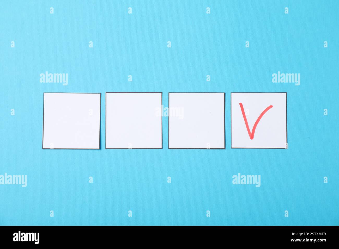 One checkbox with tick mark among others on light blue background, flat ...