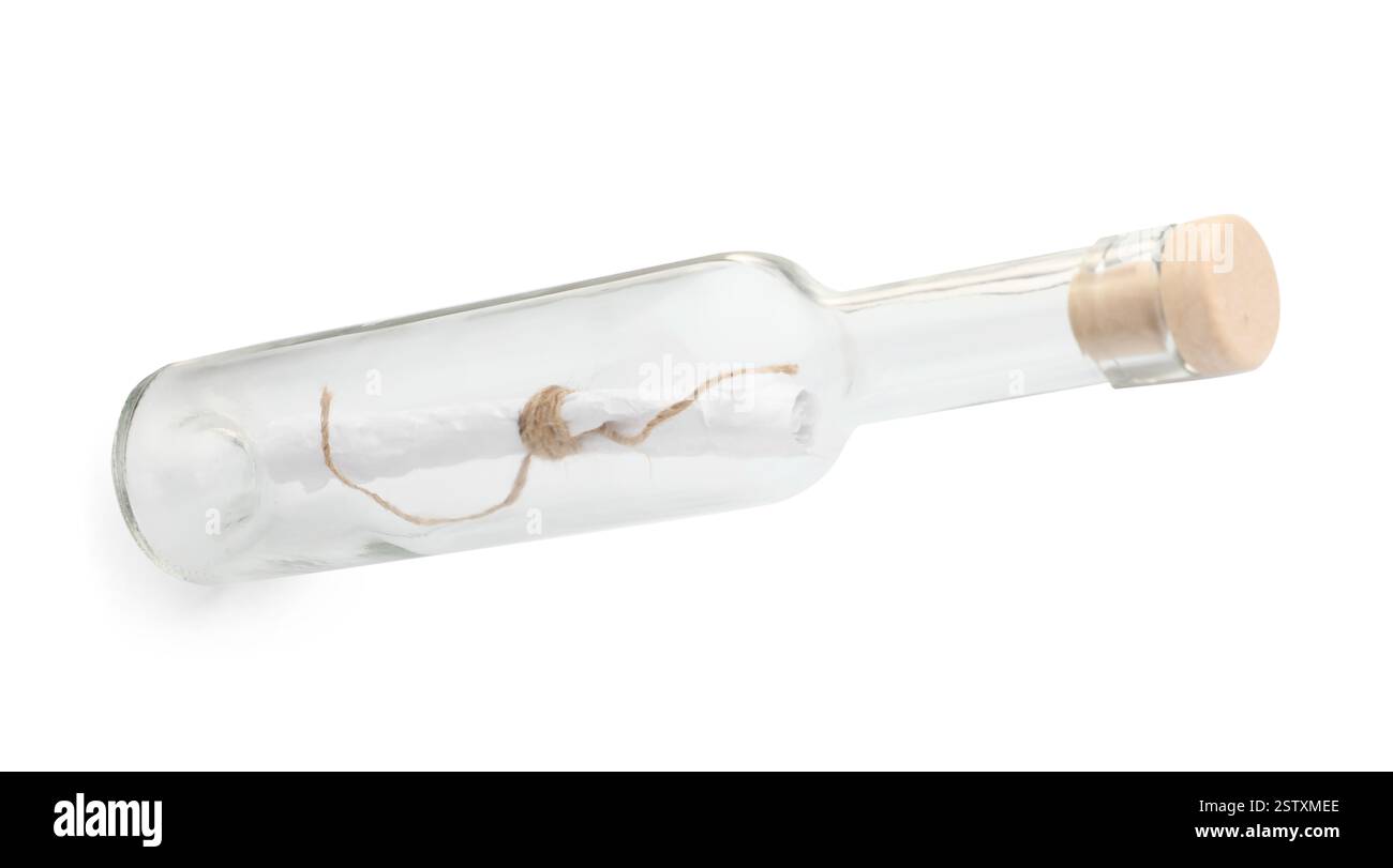 Corked glass bottle with rolled letter isolated on white Stock Photo ...