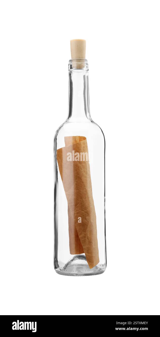 Corked glass bottle with rolled letter isolated on white Stock Photo ...