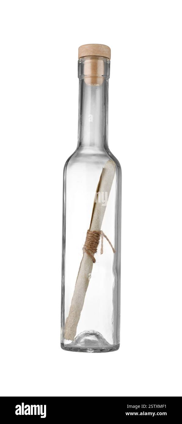 Corked glass bottle with rolled letter isolated on white Stock Photo ...